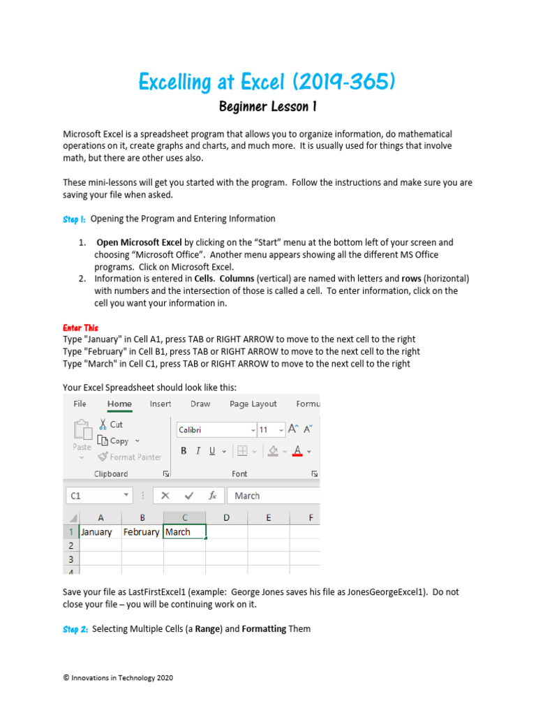 Excel Beginner Lesson 1 - v2019-365 | PDF | Microsoft Excel | Spreadsheet