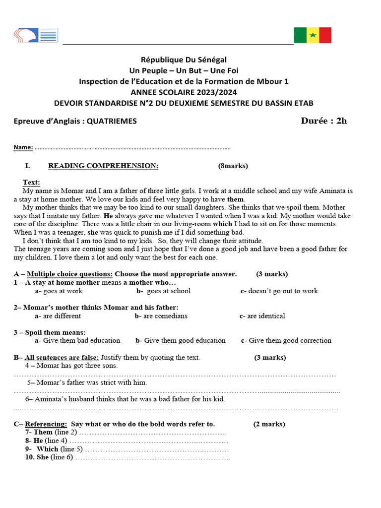 Devoir Anglais 4e | PDF