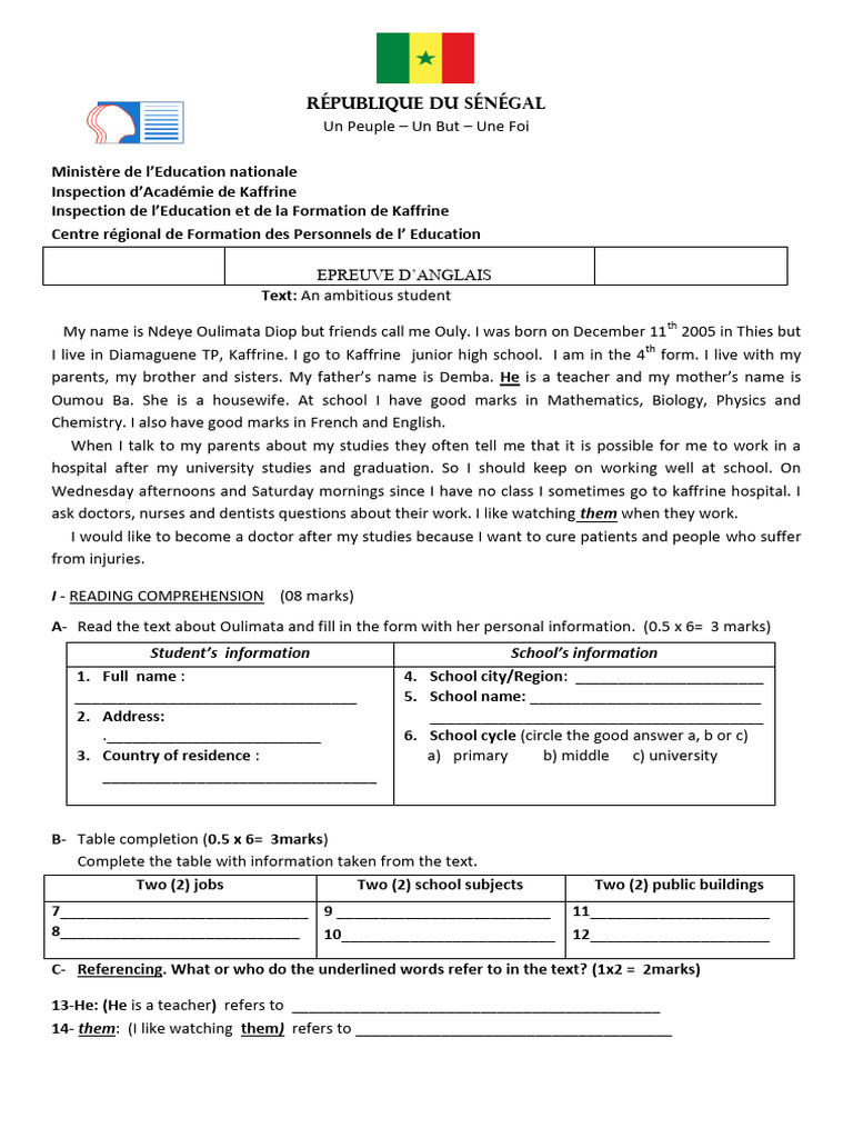 Ã©preuve 5eme (validated) | PDF | Syntax | Grammar