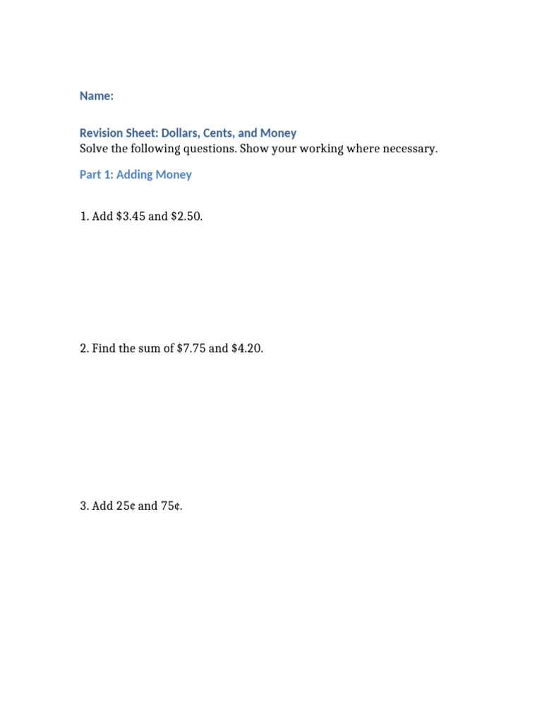 Revision Sheet Dollars Money | PDF