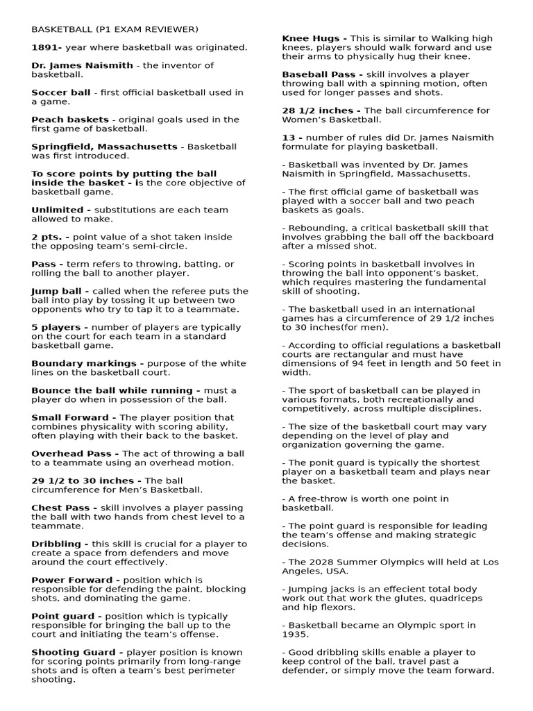 Basketball Exam Reviewer Guide | PDF | Basketball Positions | Ball Games