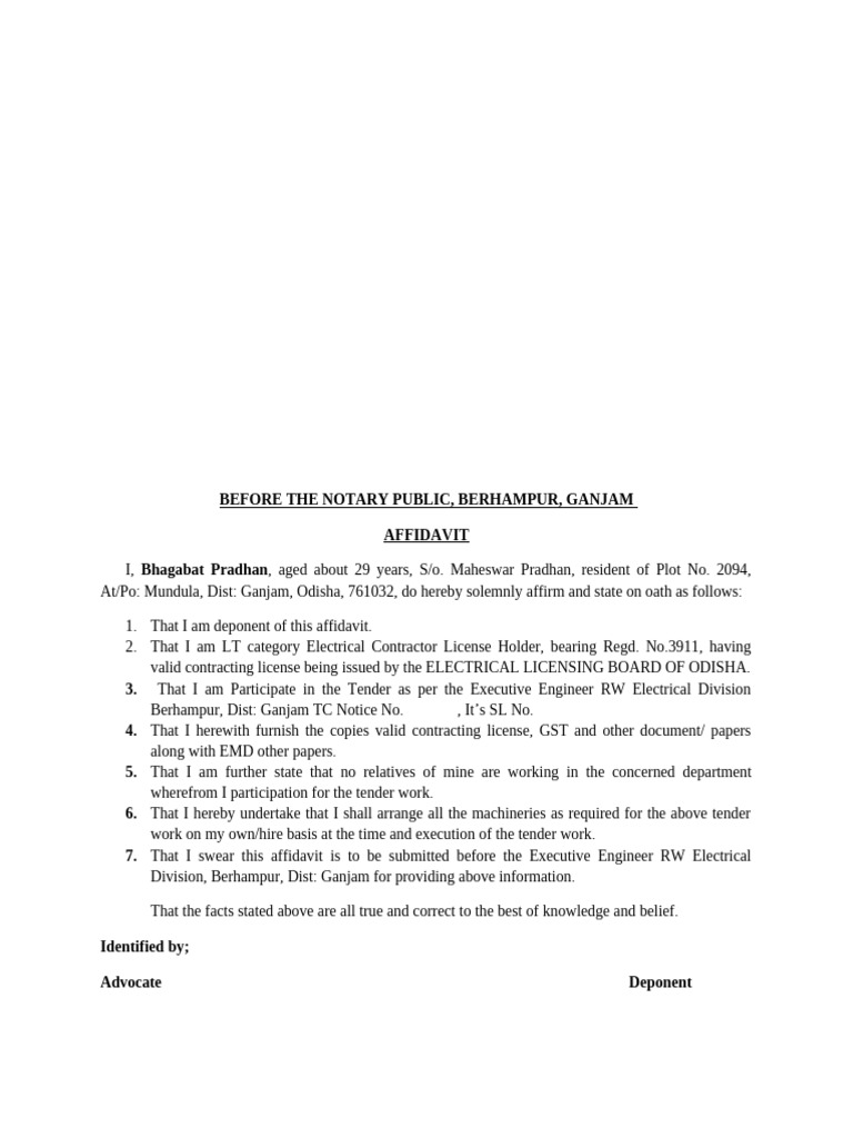 Affidavit for Electrical Contractor Tender | PDF