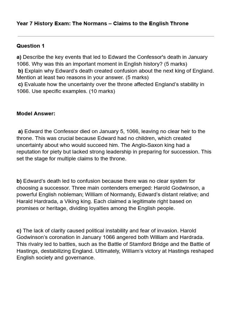Year 7 History Revision - Normans - Claims To The English Throne | PDF ...
