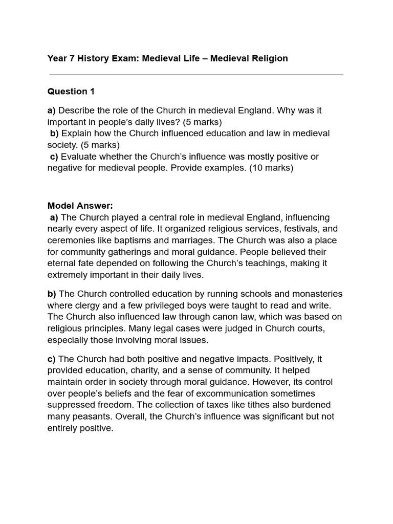 Year 7 History Revision - Medieval Life - Medieval Religion | PDF ...