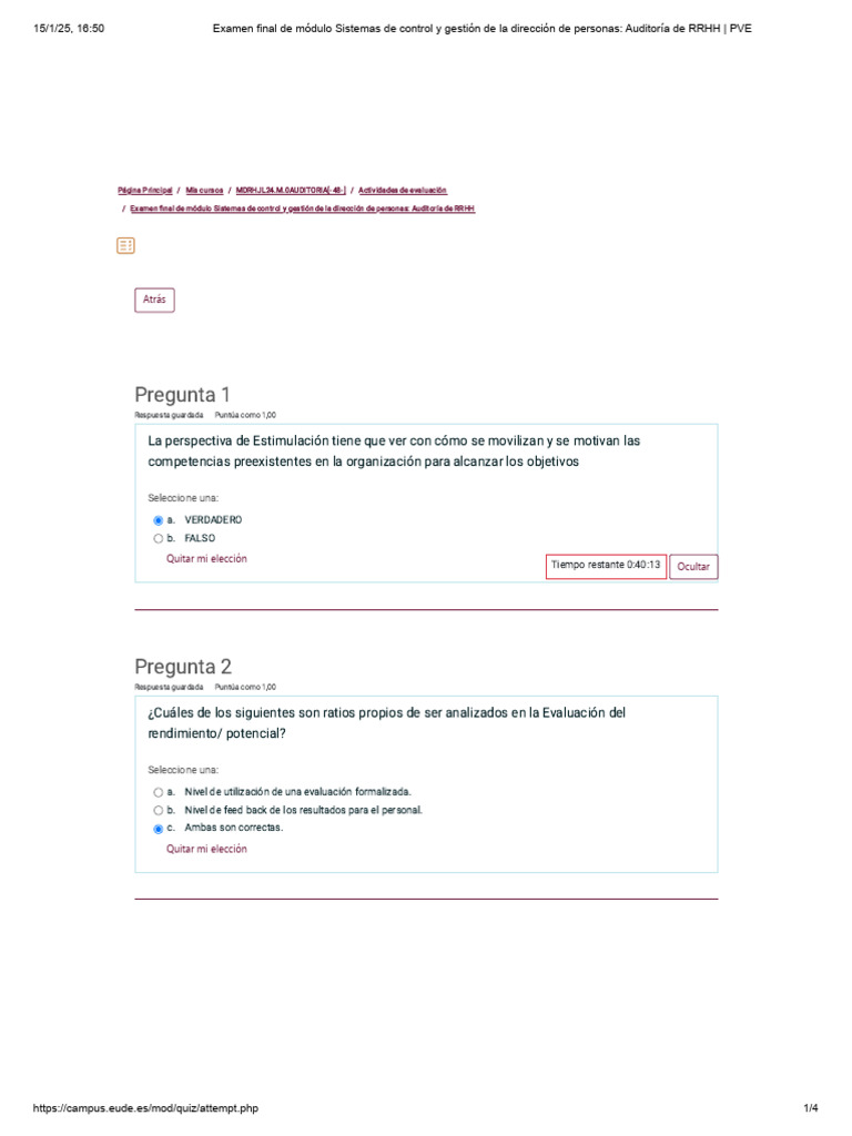 Examen - Auditoría de RRHH - PVE - 1 - Intento | PDF | Auditoría