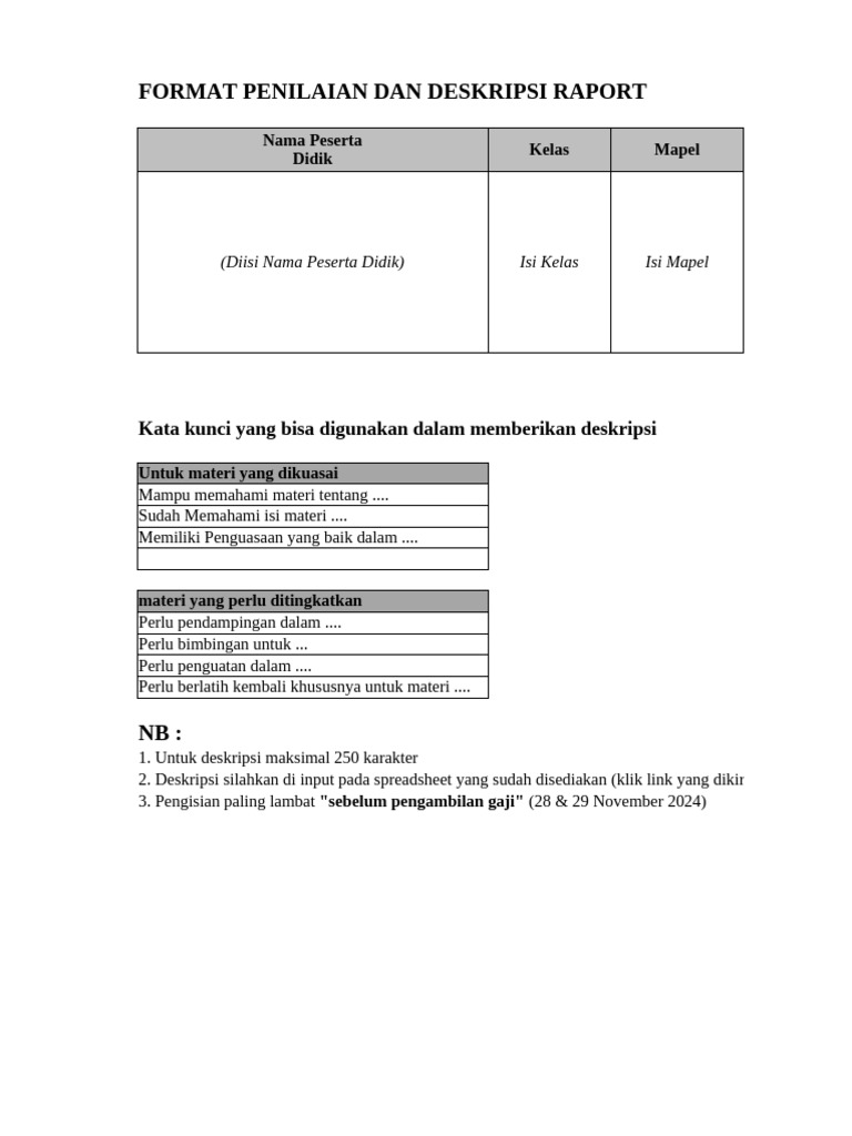 Format Deskripsi dan Nilai Rapot | PDF