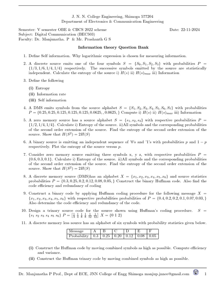 BEC503 Digital Communication Question Bank | PDF | Information ...