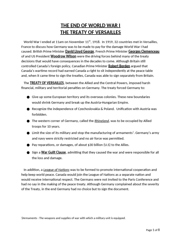 Treaty of Versailles Article and Student Activity | PDF | Treaty Of ...