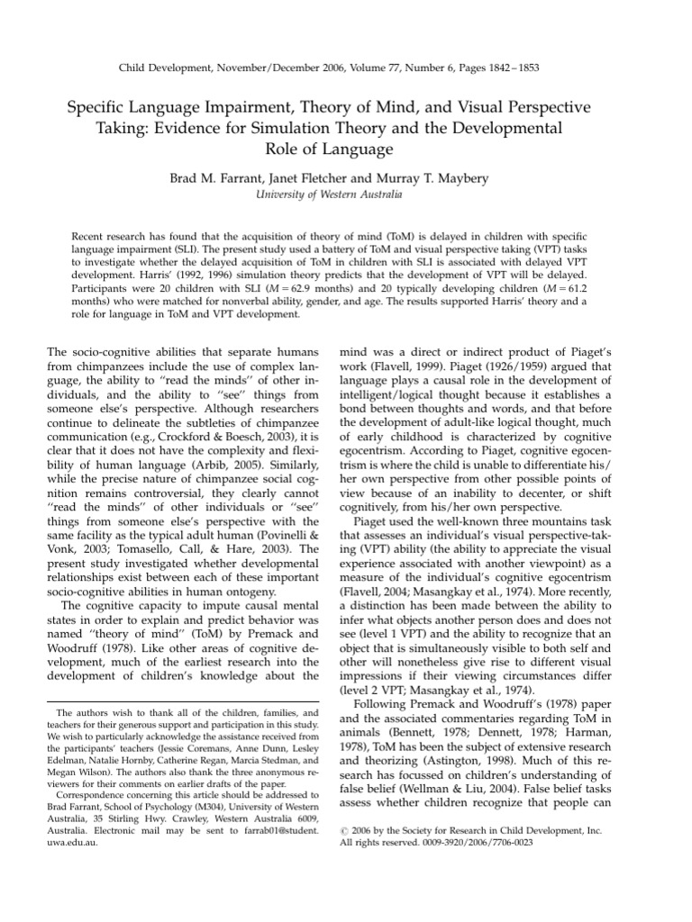Specific Language Impairment, Theory of Mind, And Visual Perspective Taking Evidence for ...