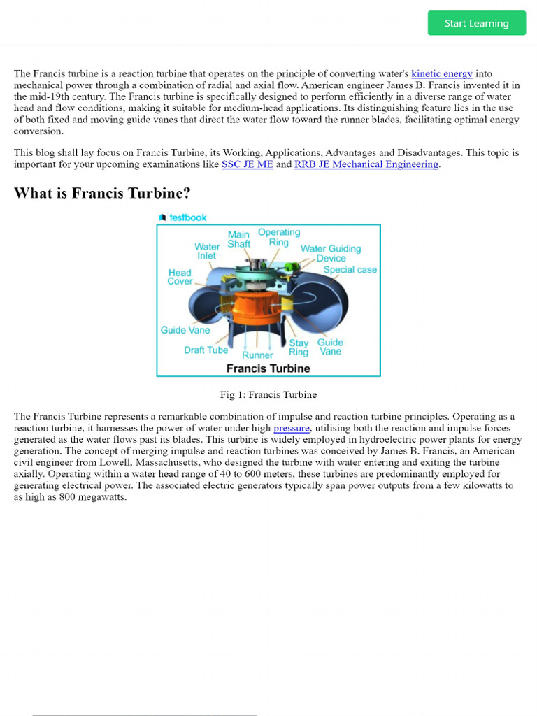 Francis Turbine - Diagram, Construction, Working, Applications | PDF