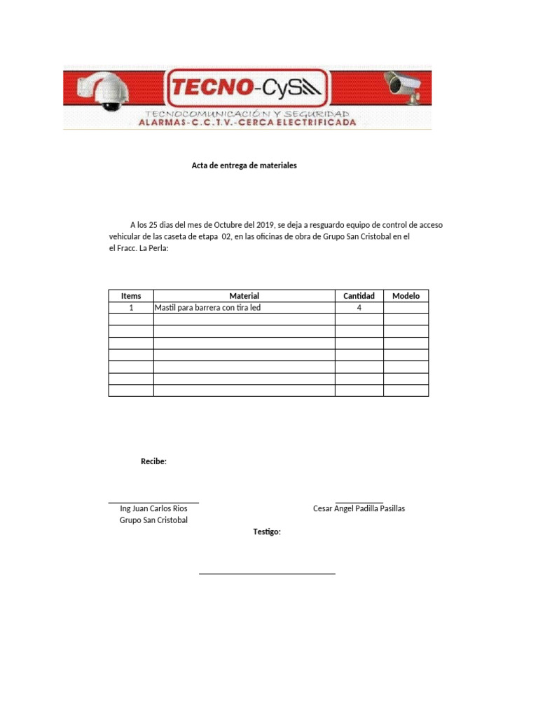 Acta de Entrega de Materiales de Obra | PDF