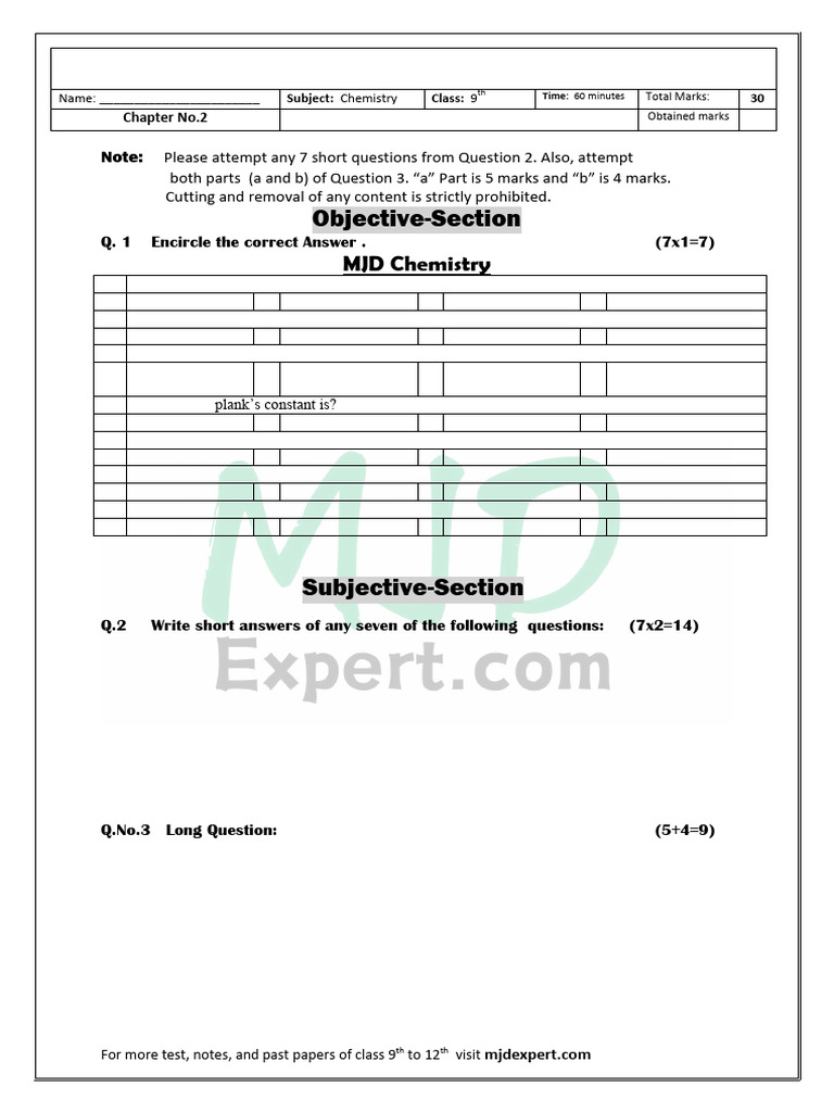 Ch2 9th Class Chemistry 30 Marks | PDF | Atoms | Niels Bohr
