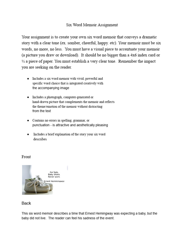 Six Word Memoir Assignment | PDF