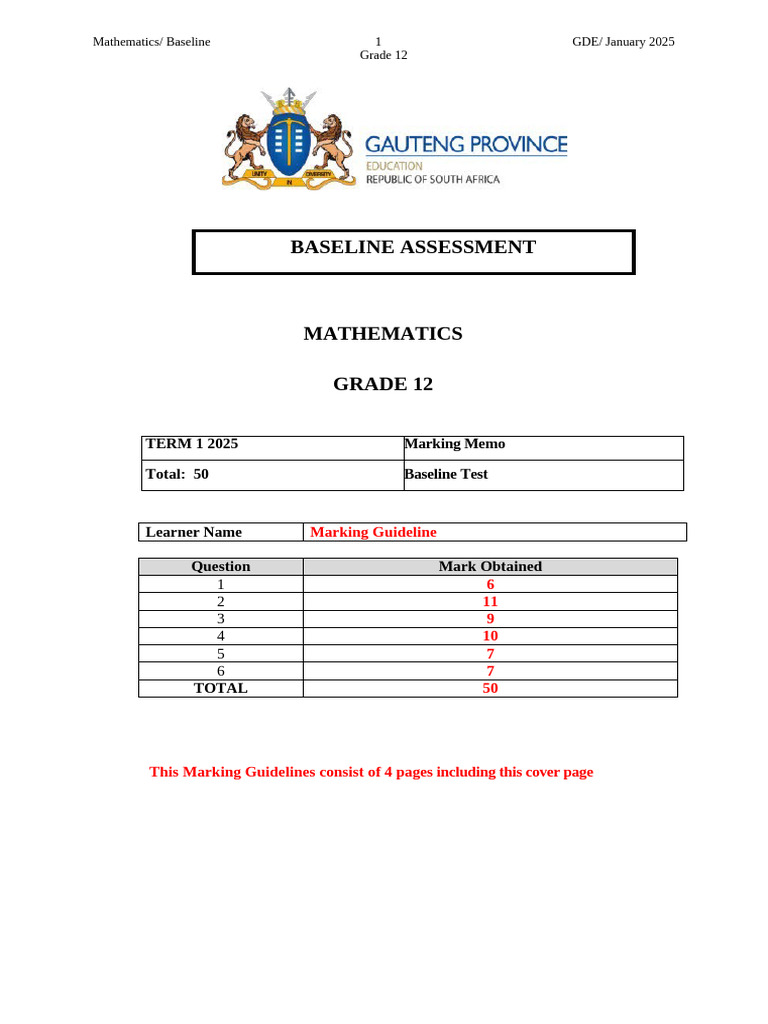 MEMO 2025 Baseline Test GRADE 12 MATHEMATICS_ | PDF | Mathematics MEMO 2025 Baseline Test GRADE 12 MATHEMATICS_ | PDF | Mathematics