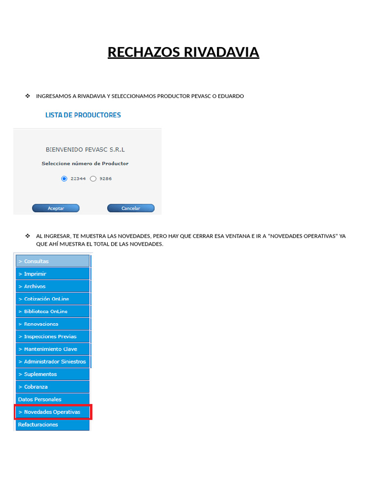 Rechazos Rivadavia: Ingresamos A Rivadavia Y Seleccionamos Productor Pevasc O Eduardo | PDF