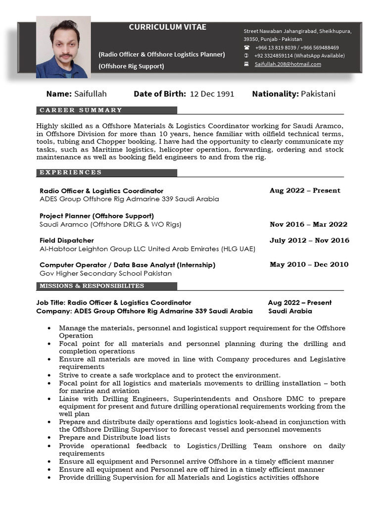 Saifullah CV - Radio Officer - Materials Coordinator - Offshore Experiece | PDF | Offshore ...