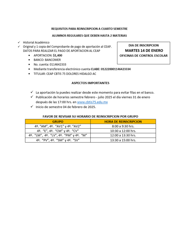 Reinscripcion A Cuarto Semestre 2025 | PDF