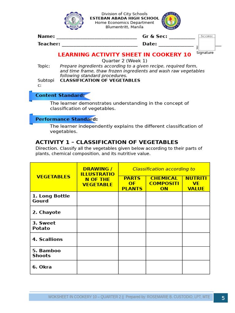 Worksheet 2.1 Cookery10 | PDF | Vegetables | Cooking