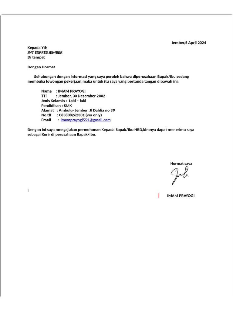 Surat Lamaran JNT | PDF