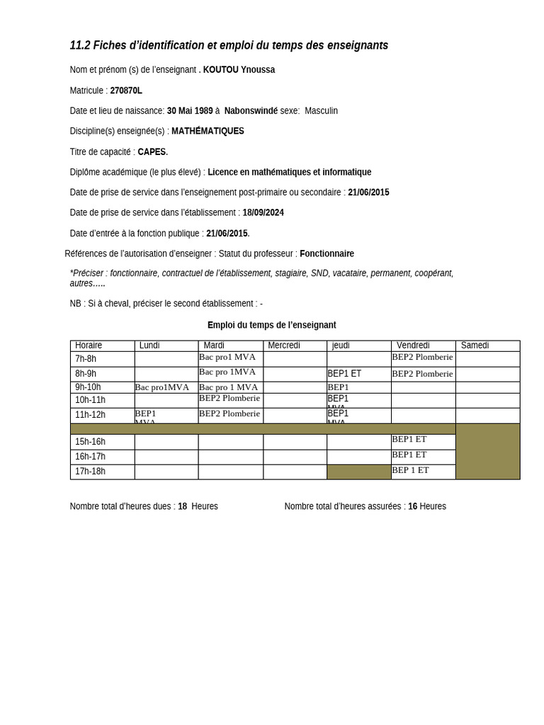 Emploi du Temps de l'Enseignant KOUTOU | PDF