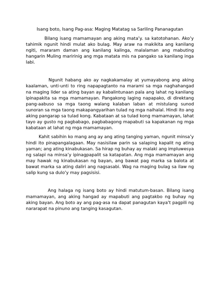 Isang Boto, Isang Pag-Asa Maging Matatag Sa Sariling Pananagutan | PDF