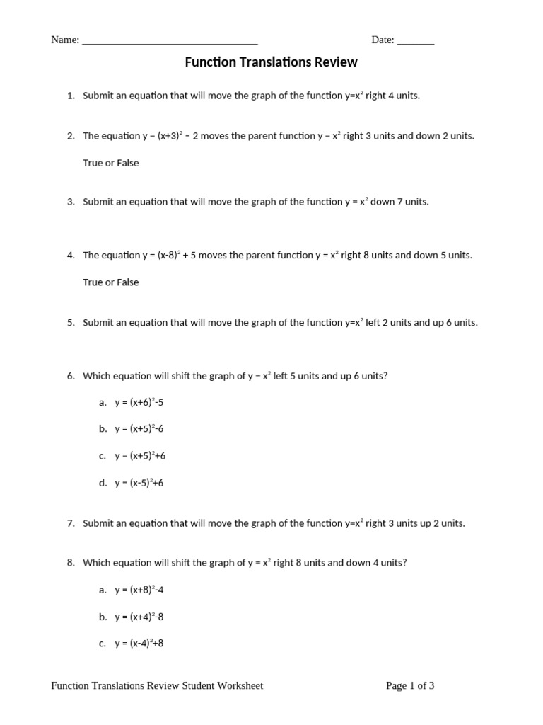 Function Translations Worksheet | PDF | Mathematical Analysis ...
