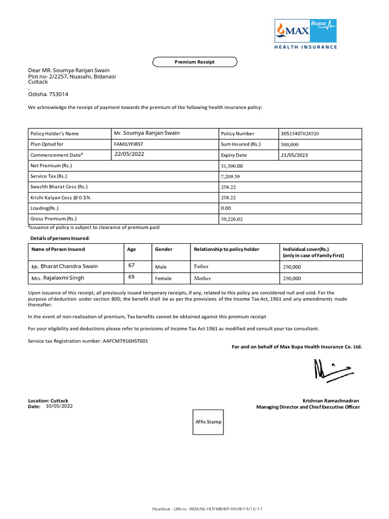 Max Bupa Premium Receipt Parents | PDF | Payments | Government Finances