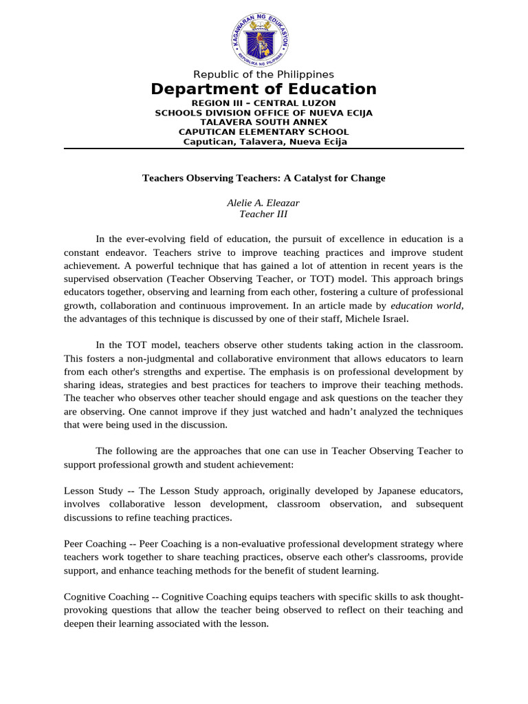 Teacher Observing Teacher Model Benefits | PDF | Teachers | Learning
