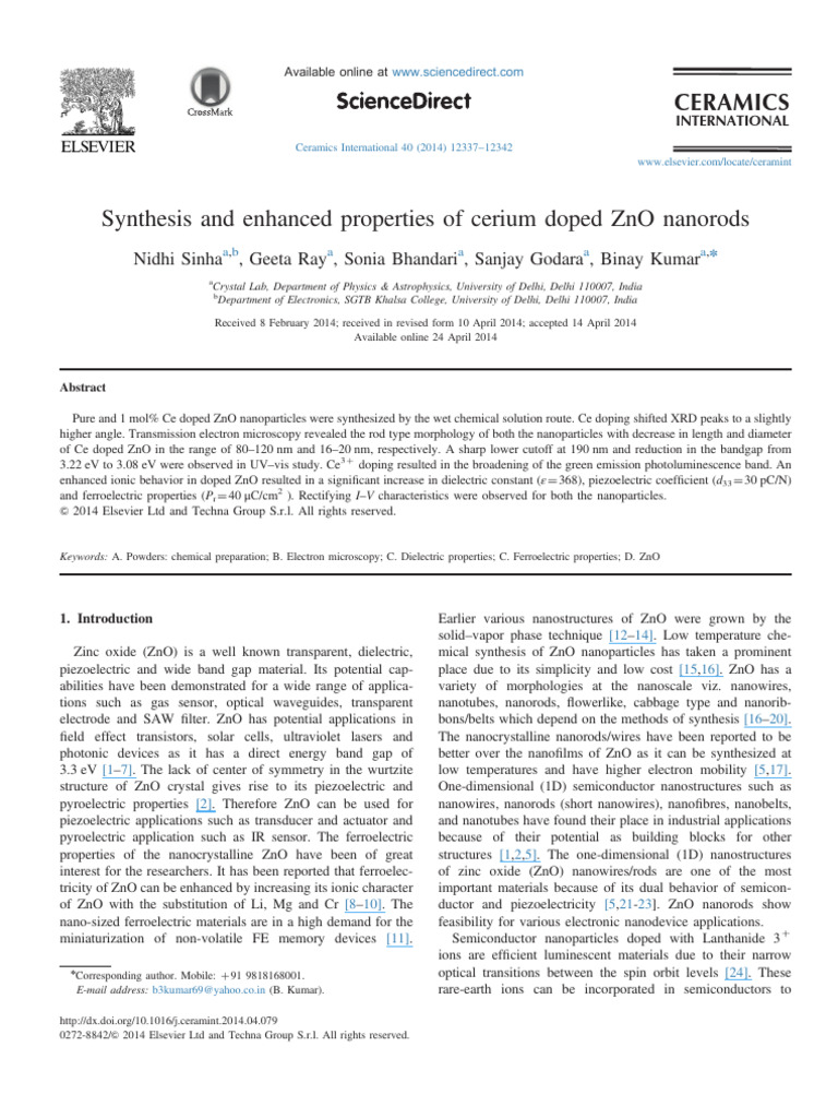Synthesis and Enhanced Properties of Cer | PDF | Zinc Oxide ...