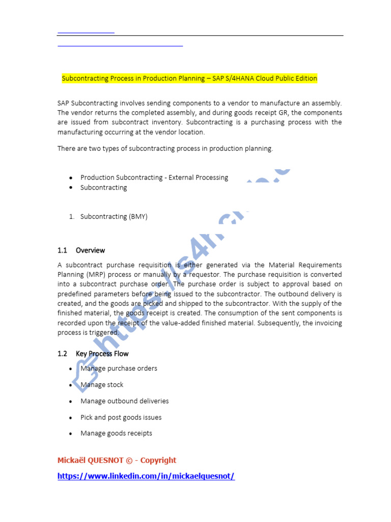 Subcontracting Process in Production Planning | PDF | Computing