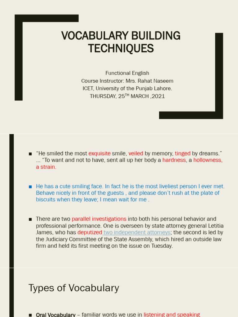 Vocabulary Building Techniques Explained | PDF | Acronym | Vocabulary
