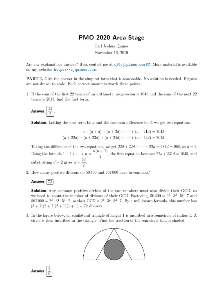 PMO 2020 Area Stage Solutions | PDF | Mathematics | Elementary Mathematics