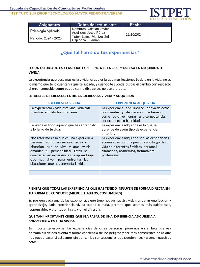 Experiencias: Vividas vs. Adquiridas | PDF | Experiencia | Aprendizaje