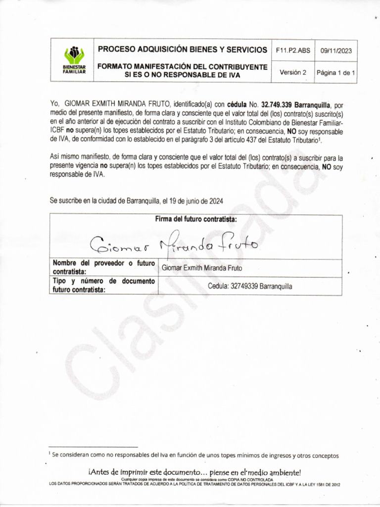 Formato Manifestación Si Es o No Responsable de Iva | PDF