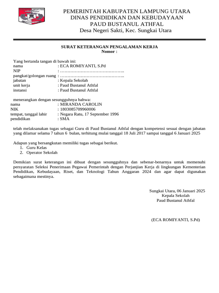 Format Surat Keterangan Pengalaman Kerja PPPK 2024 | PDF