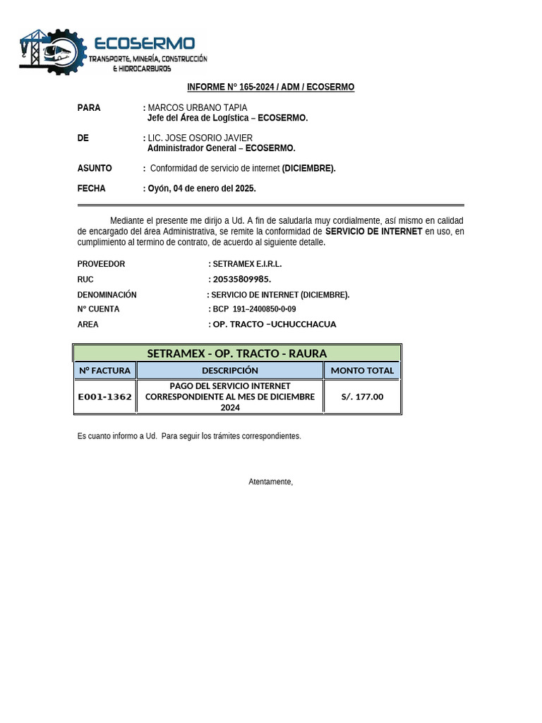 Conformidad Servicio Internet Diciembre 2024 | PDF