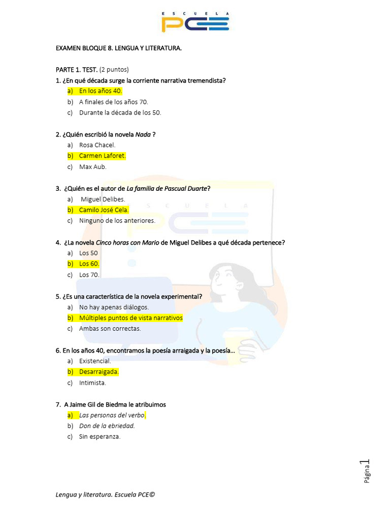 Examen Bloque 8 - Lengua - Resuelto | PDF | Novelas | Poesía