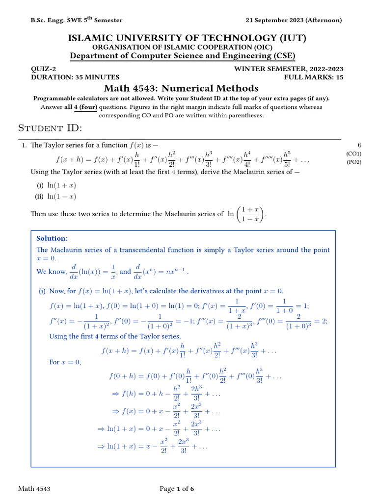 Quiz2 Solution | PDF | Equations | Mathematics Of Computing