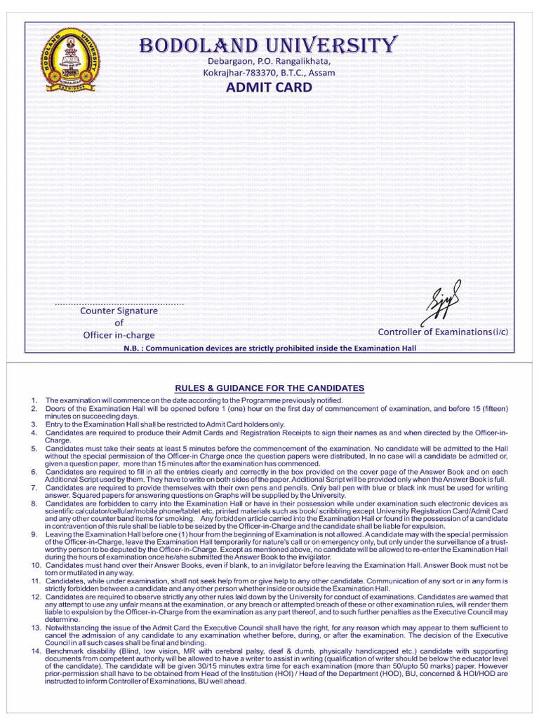 UG117S210021 FIFTH Admitcard | PDF