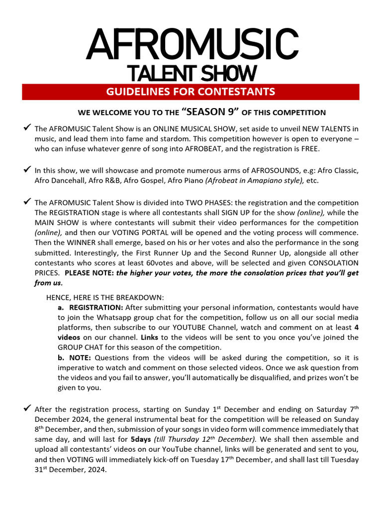 Afromusic Talent Show - Guidelines For SEASON 9 | PDF | You Tube