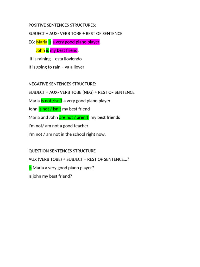 Positive Sentences Structures | PDF