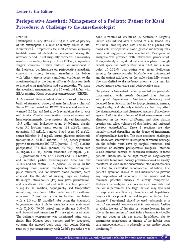 Perioperative Anesthetic Management of A Pediatric.39 | PDF ...
