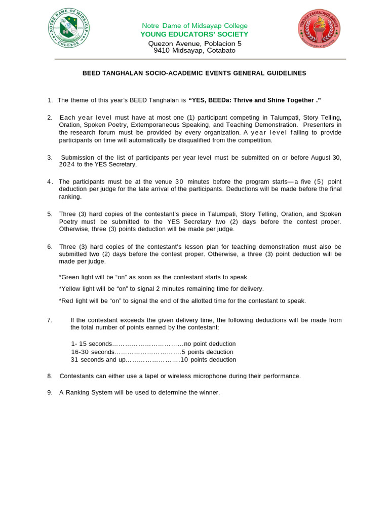 BEED Tanghalan Guidelines 2024 | PDF | Human Communication