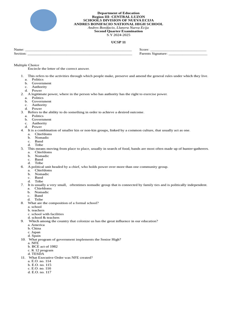 Second Quarter Exam UCSP 11 2024-2025 | PDF | Gender | Gender Studies