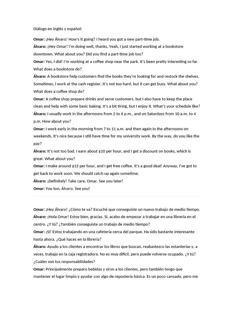 Diálogo Bilingüe: Trabajos de Medio Tiempo | PDF