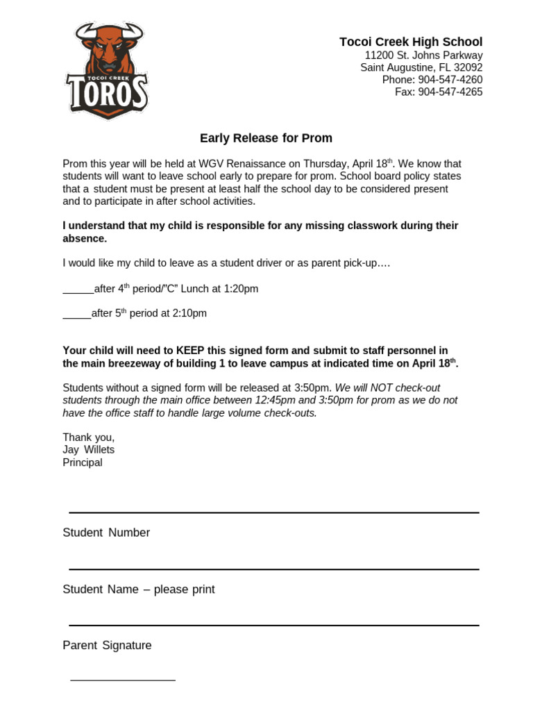 Early Release Form for Prom 2024 | PDF