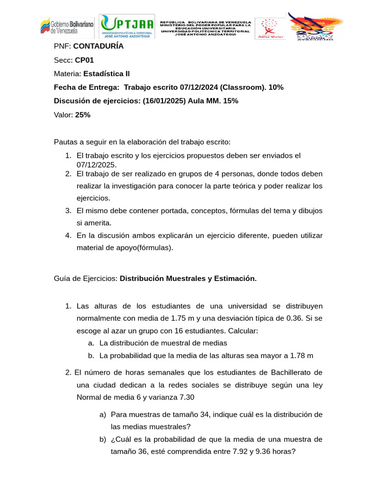 Ejercicios Distribución Muestral CP01 | PDF | Media | Desviación Estándar