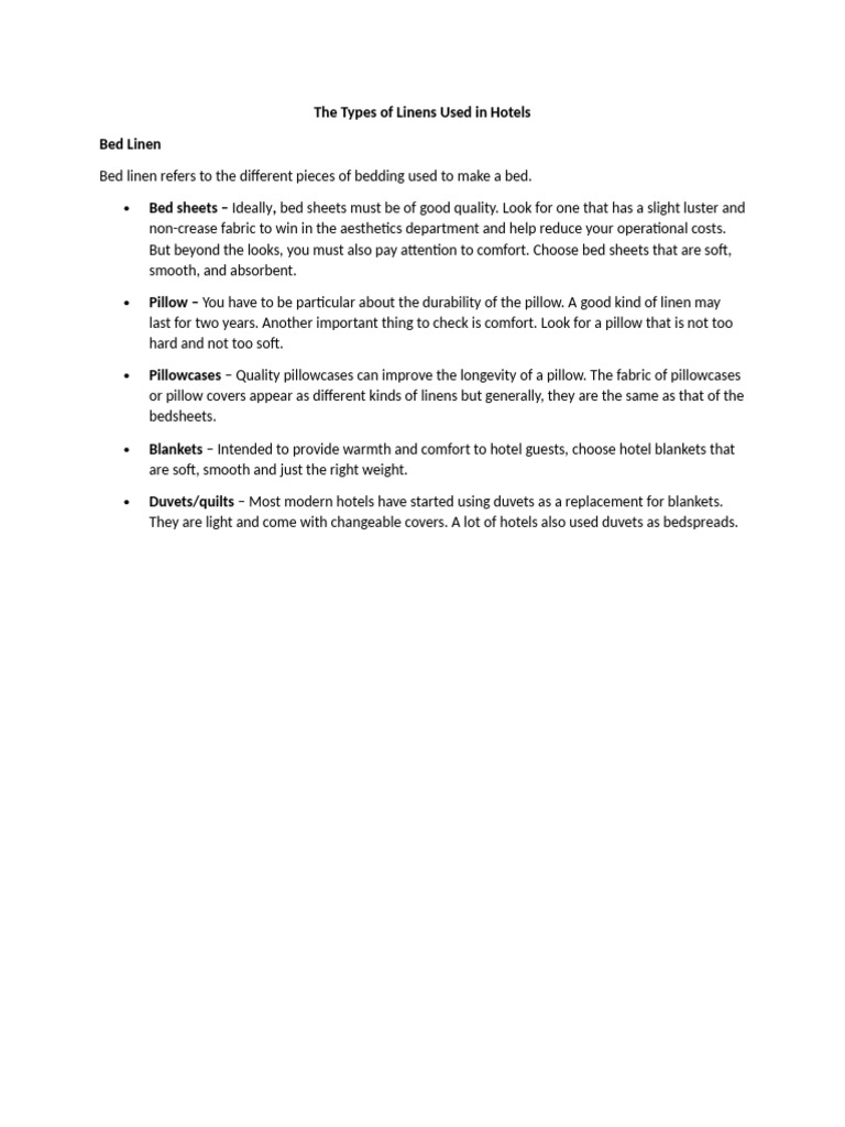 The Types of Linens Used in Hotels | PDF