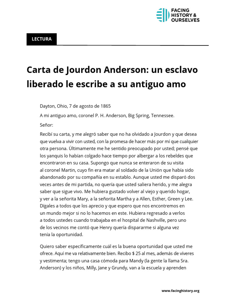 Reading Letter From Jourdon Anderson a Freedman Writes His Former ...