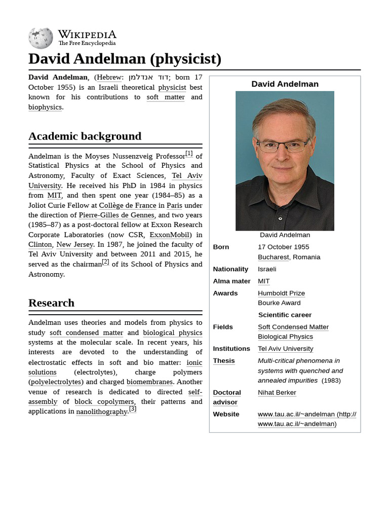 David_Andelman_(physicist) | PDF | Physical Sciences | Applied And Interdisciplinary Physics